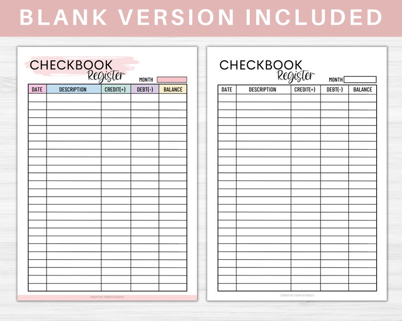 Checkbook Register Printable Check Transaction Tracker Checkbook Log ...