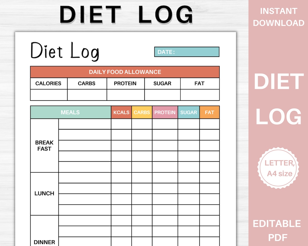 Diet Log Printable Fitness Log Fitness Tracker Diet Tracker Daily Food ...