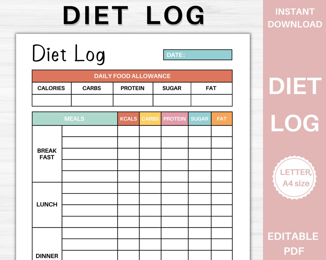 Diet Log Printable Fitness Log Fitness Tracker Diet Tracker Daily Food ...