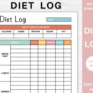 Diet Log Printable Fitness Log Fitness Tracker Diet Tracker Daily Food ...