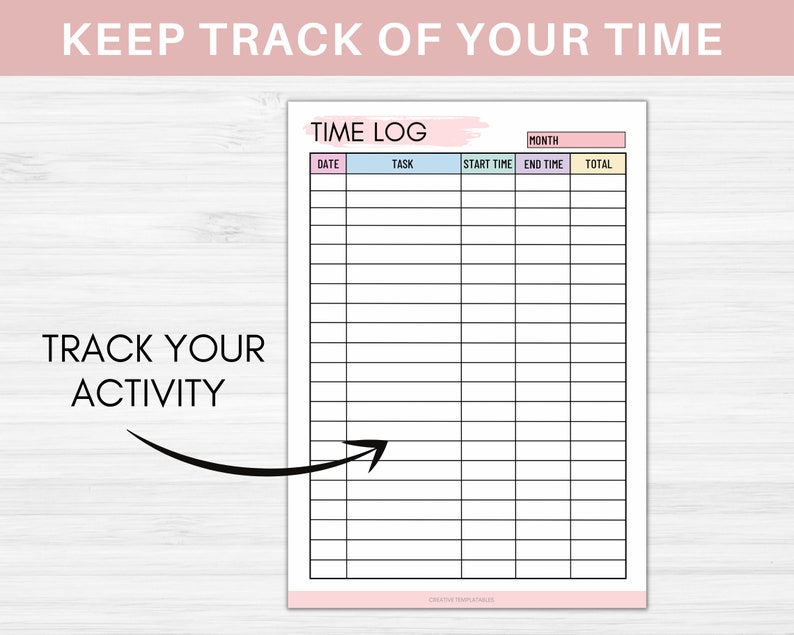 Time Log Time Spent Tracker Printable Time Log Working Hours Log ...