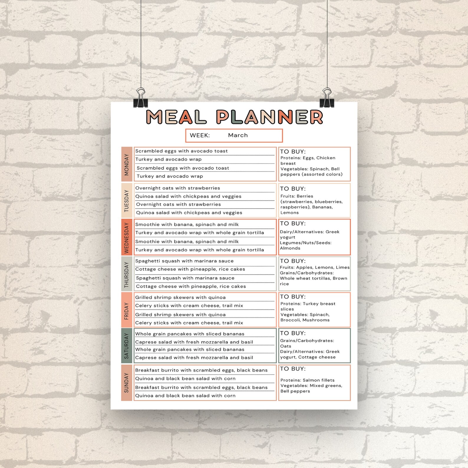 Meal Planner and Grocery List Editable Meal Planner 7 Days Menu Plan ...