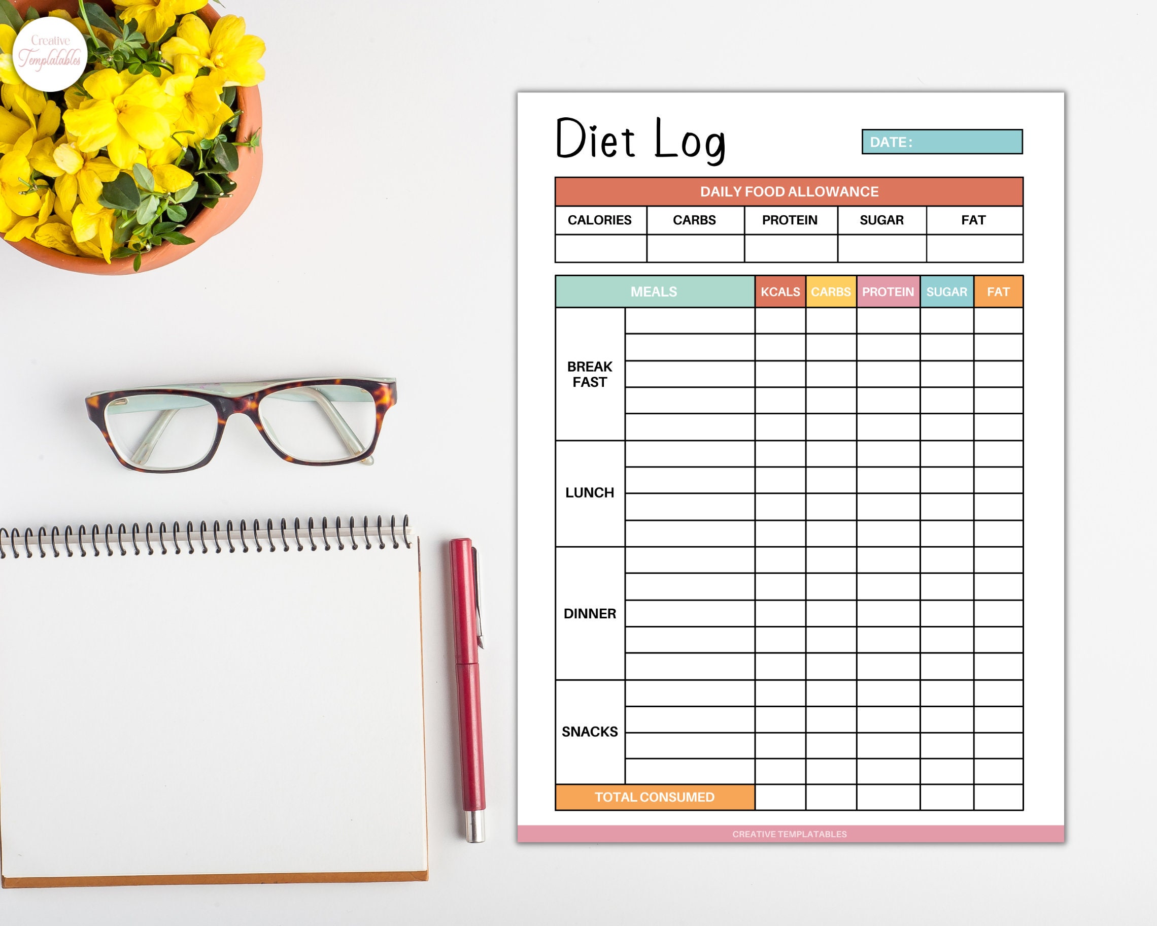 Diet Log Printable Fitness Log Fitness Tracker Diet Tracker Daily Food ...
