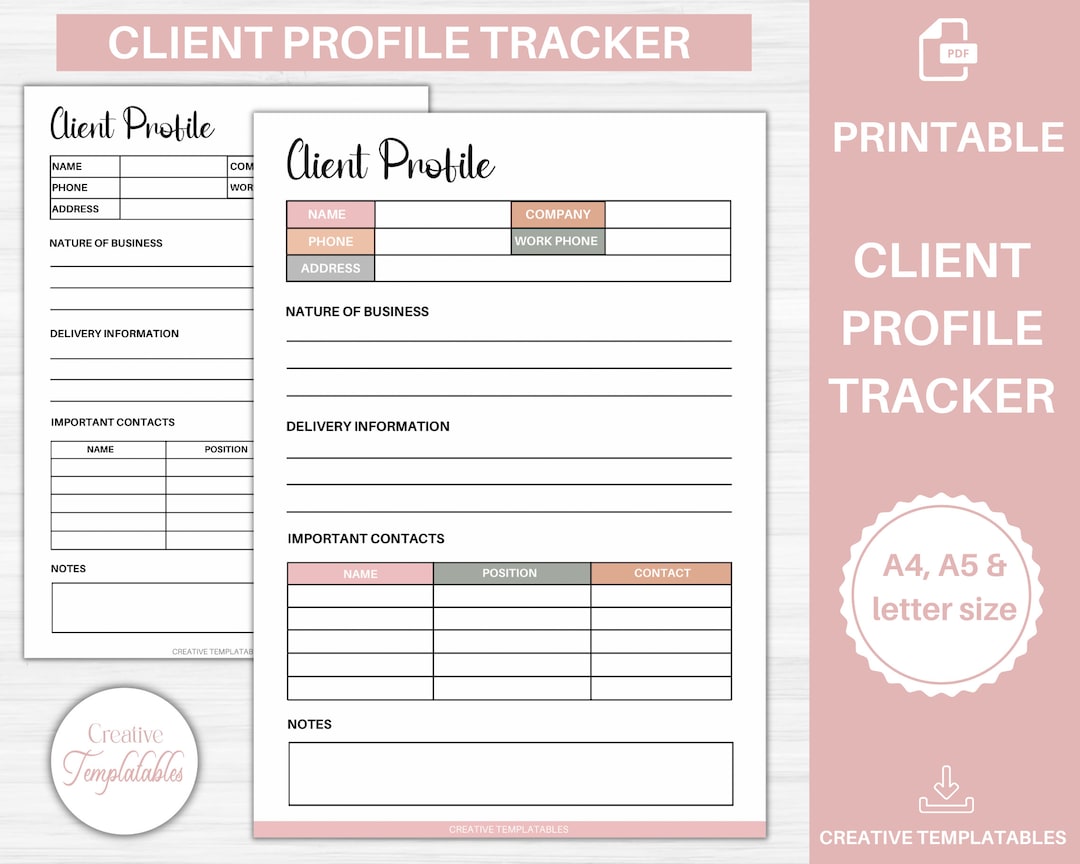 Client Profile Template | Printable Customer Profile Tracker | Client ...