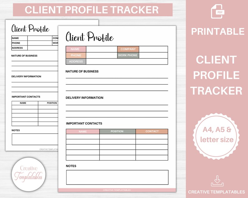 Client Profile Template | Printable Customer Profile Tracker | Client ...
