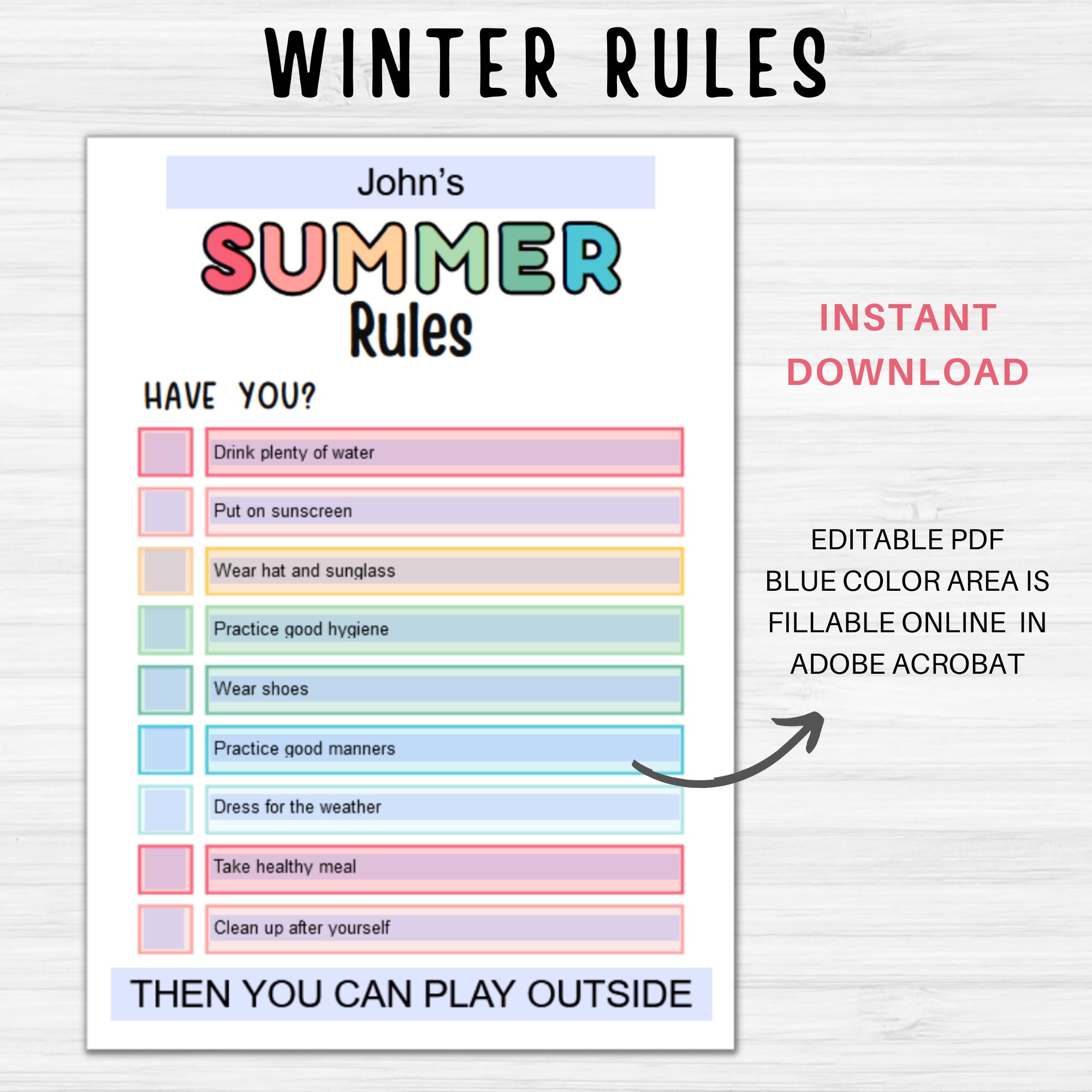 Summer Rules for Kids Summer Routine Editable Summer Rules Checklist ...