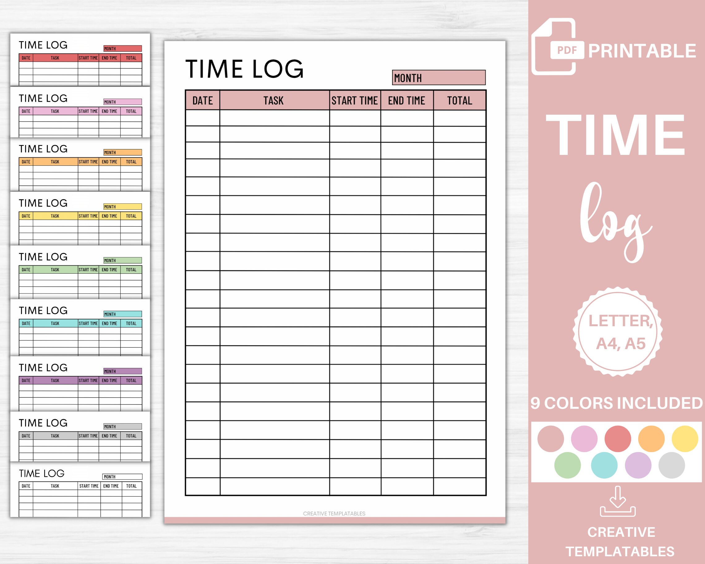 Time Log | Time Spent Tracker | Printable Time Log | Working Hours Log ...
