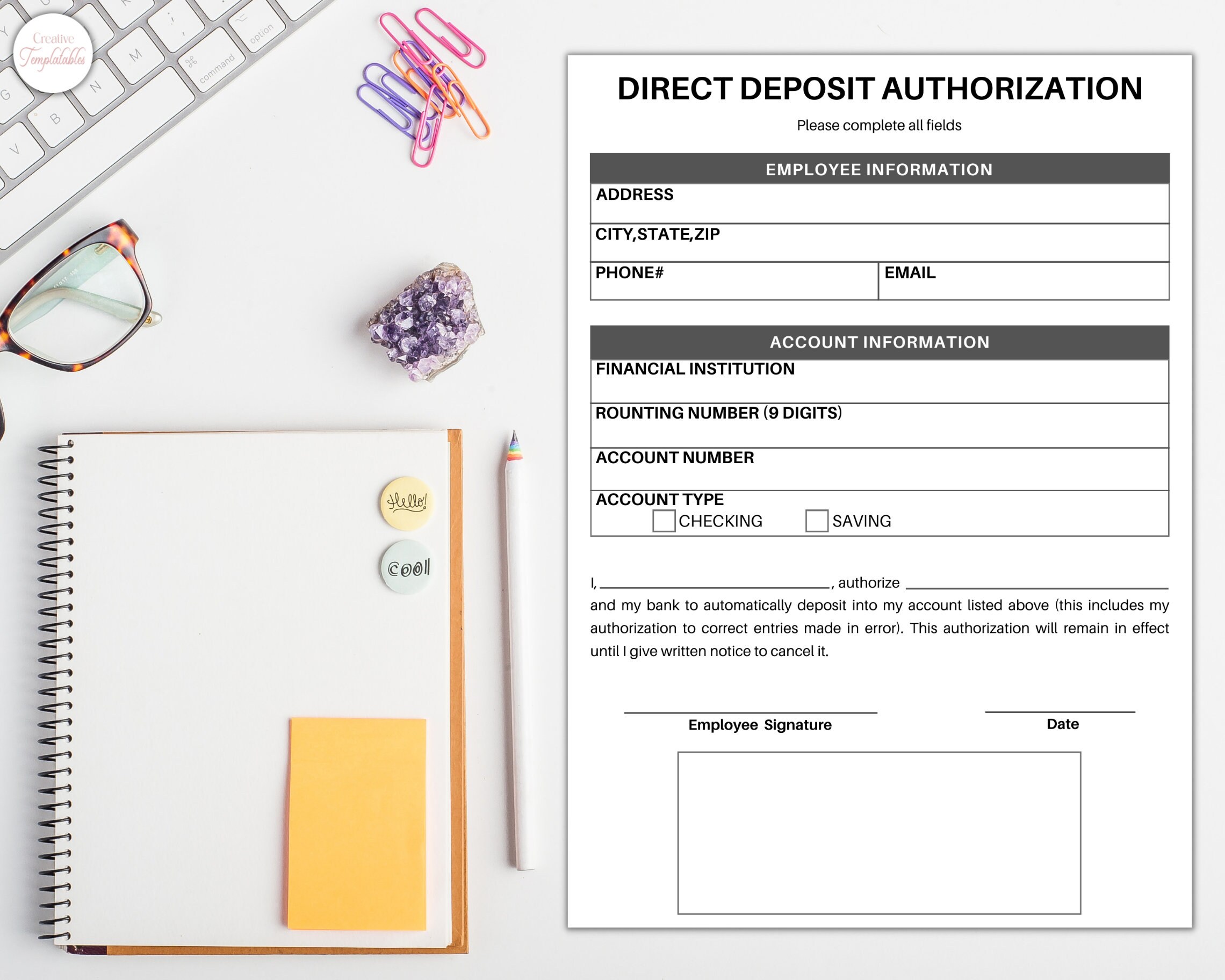 Direct Deposit Authorization Template | Editable Automatic Payment ...
