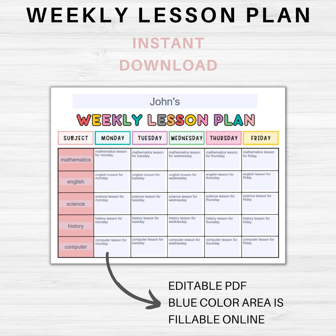 Weekly Lesson Plan Editable Lesson Planner Homeschool Teacher Planner ...
