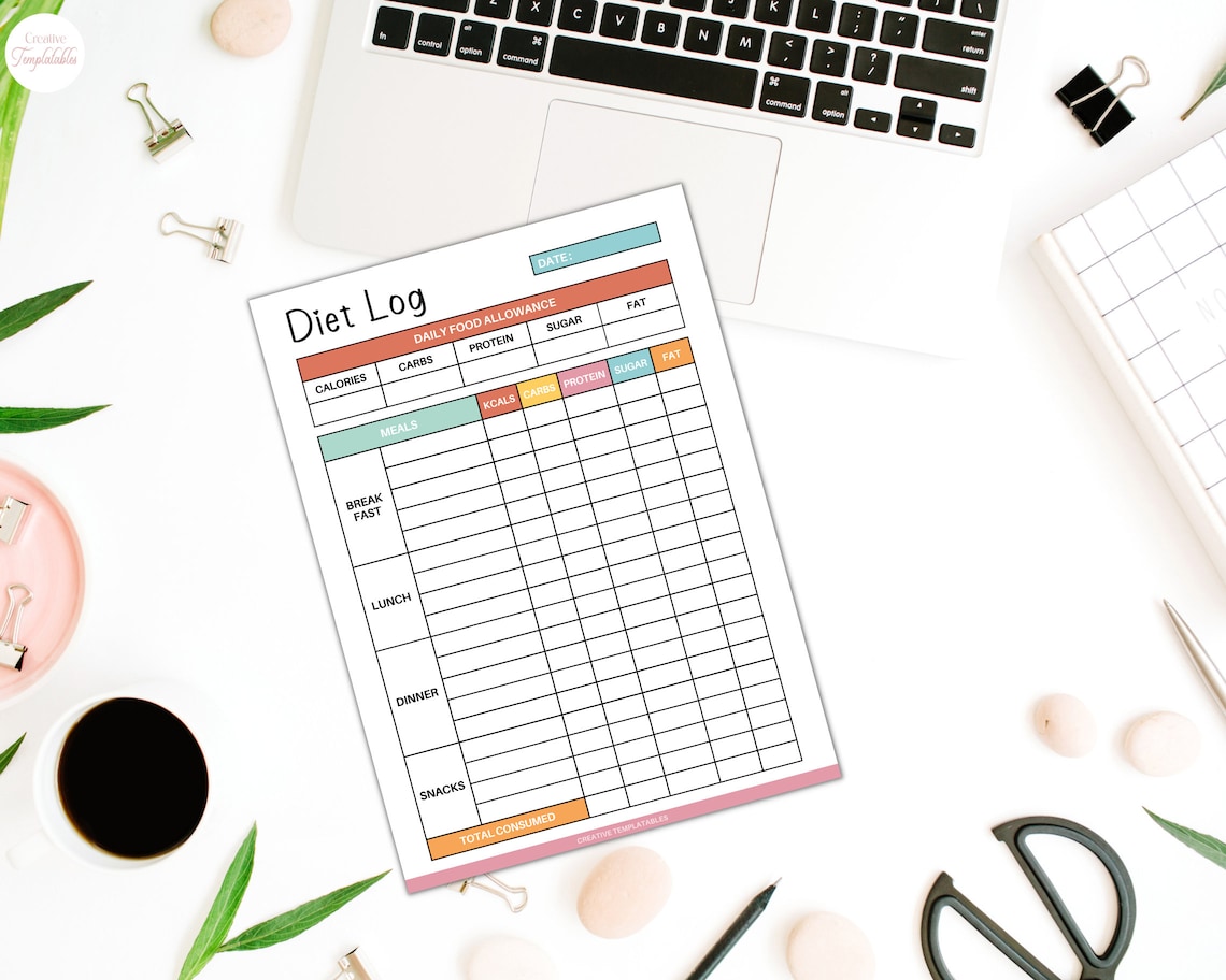 Diet Log Printable Fitness Log Fitness Tracker Diet Tracker Daily Food ...