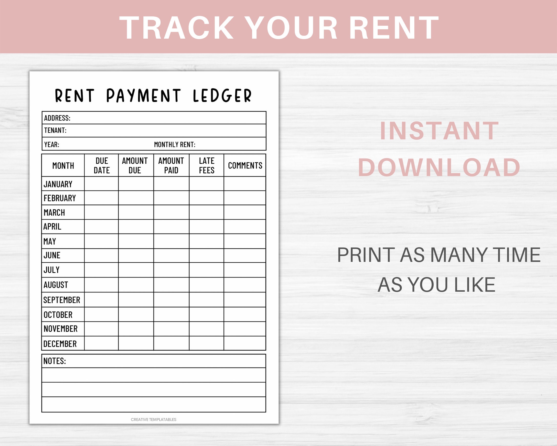 Rent Payment Ledger Template Printable Tenant Payment Tracker Monthly ...