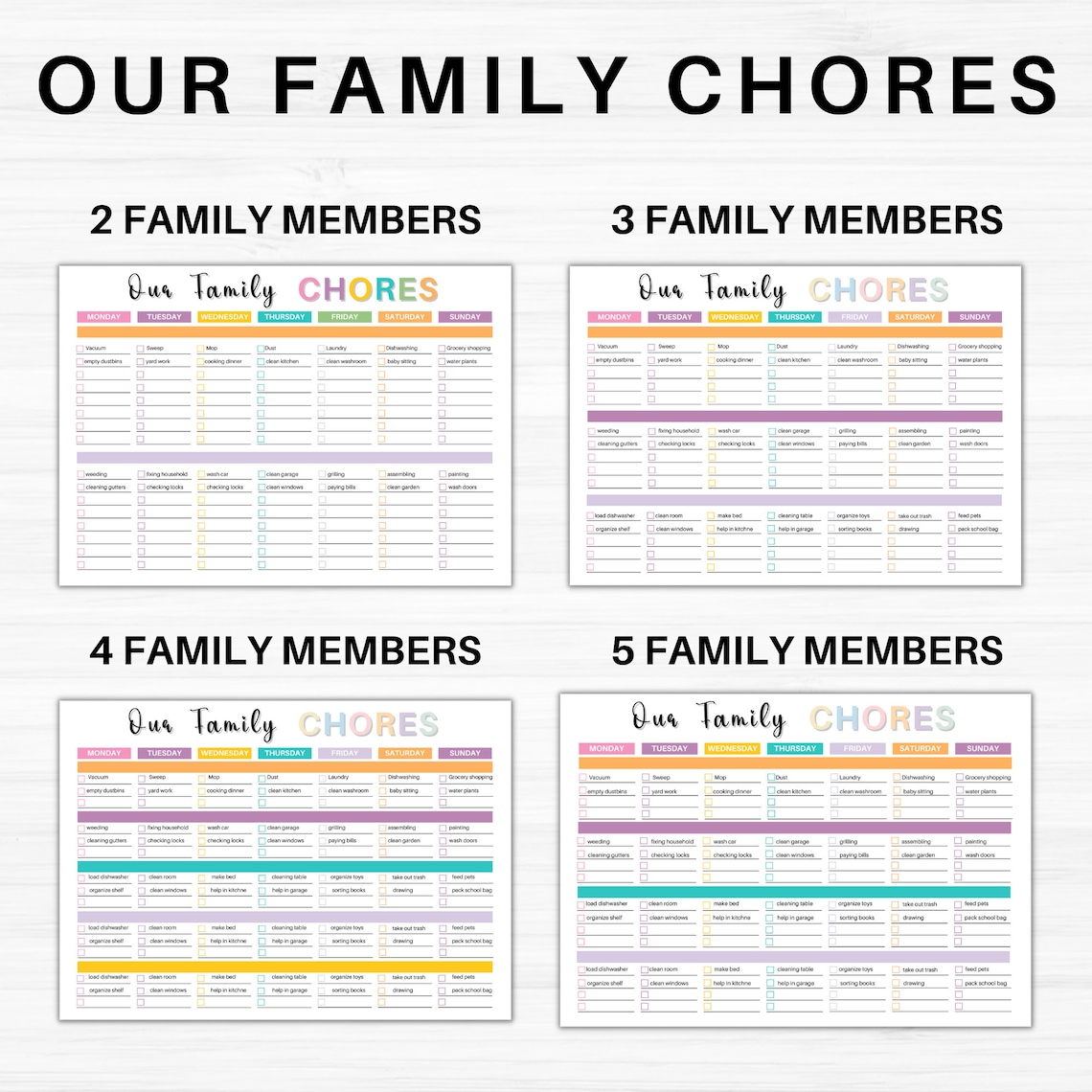 Family Chore Chart 2,3,4,5 Family Members Editable Chore Chart Family ...