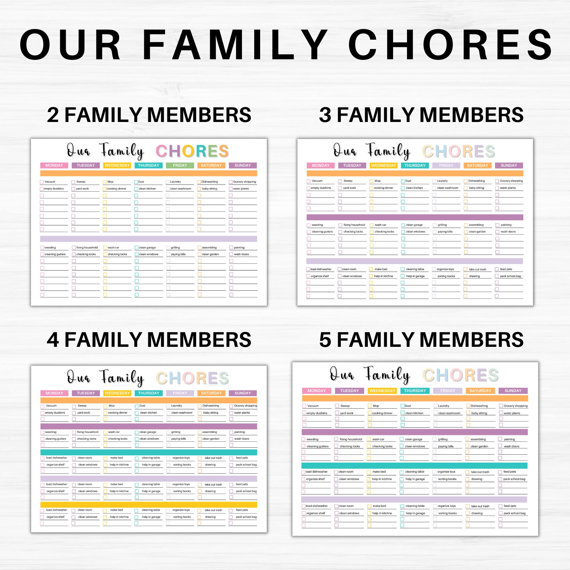 Family Chore Chart 2,3,4,5 Family Members Editable Chore Chart Family ...