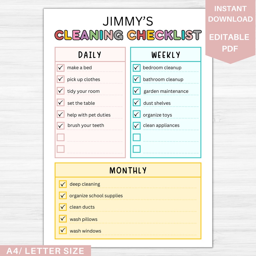 Cleaning Planner Kids Chore Chart Editable Cleaning Schedule for Kids ...