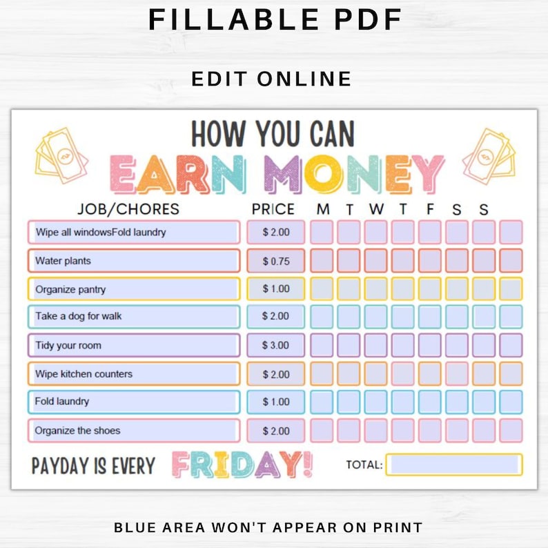 How to Earn Money Chore Chart | Editable Allowance Chore Chart for Kids ...