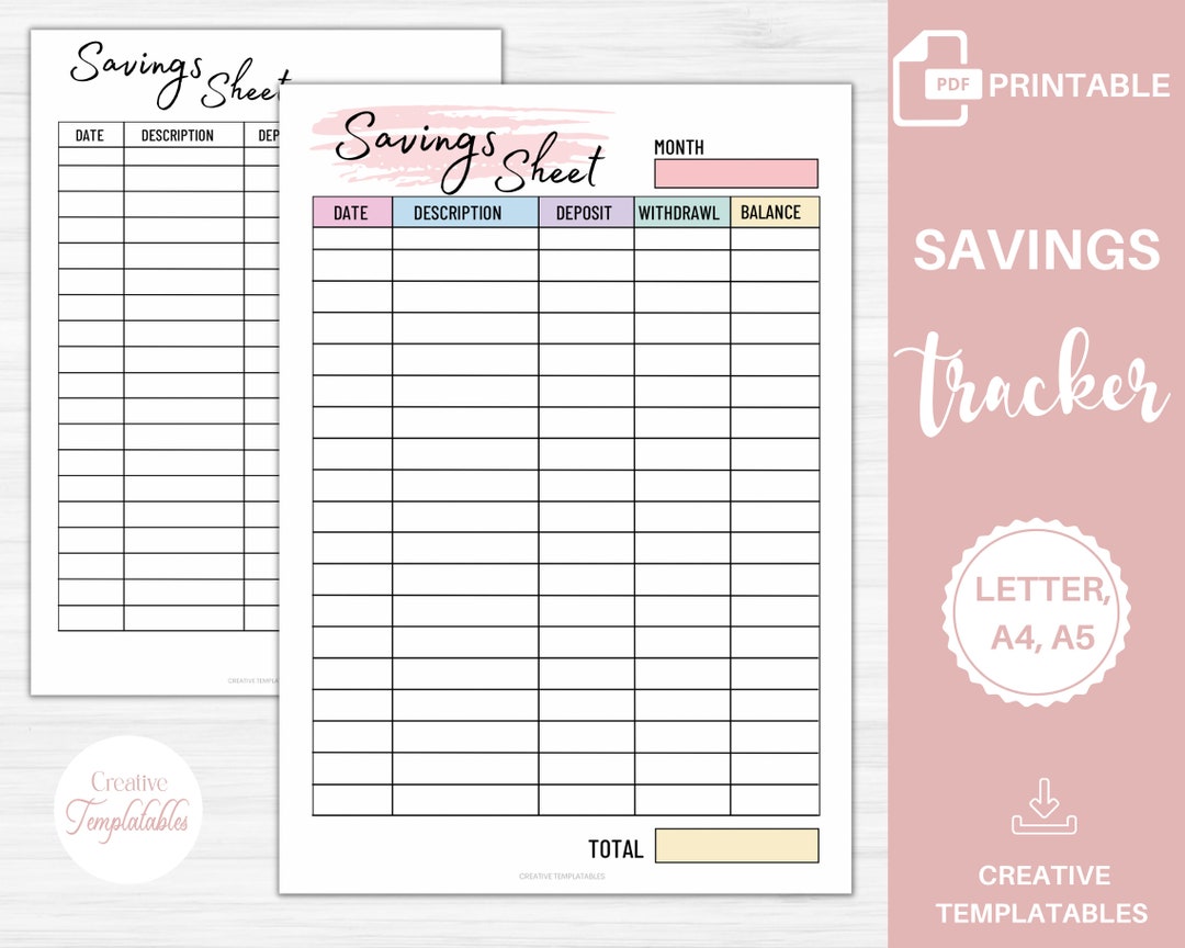 Savings Tracker Saving Account Sheet Printable Budget Tracker Financial ...