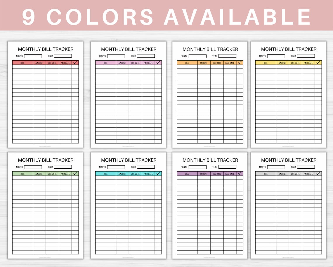 Monthly Bill Tracker Printable Yearly Bill Payment Checklist Bill ...
