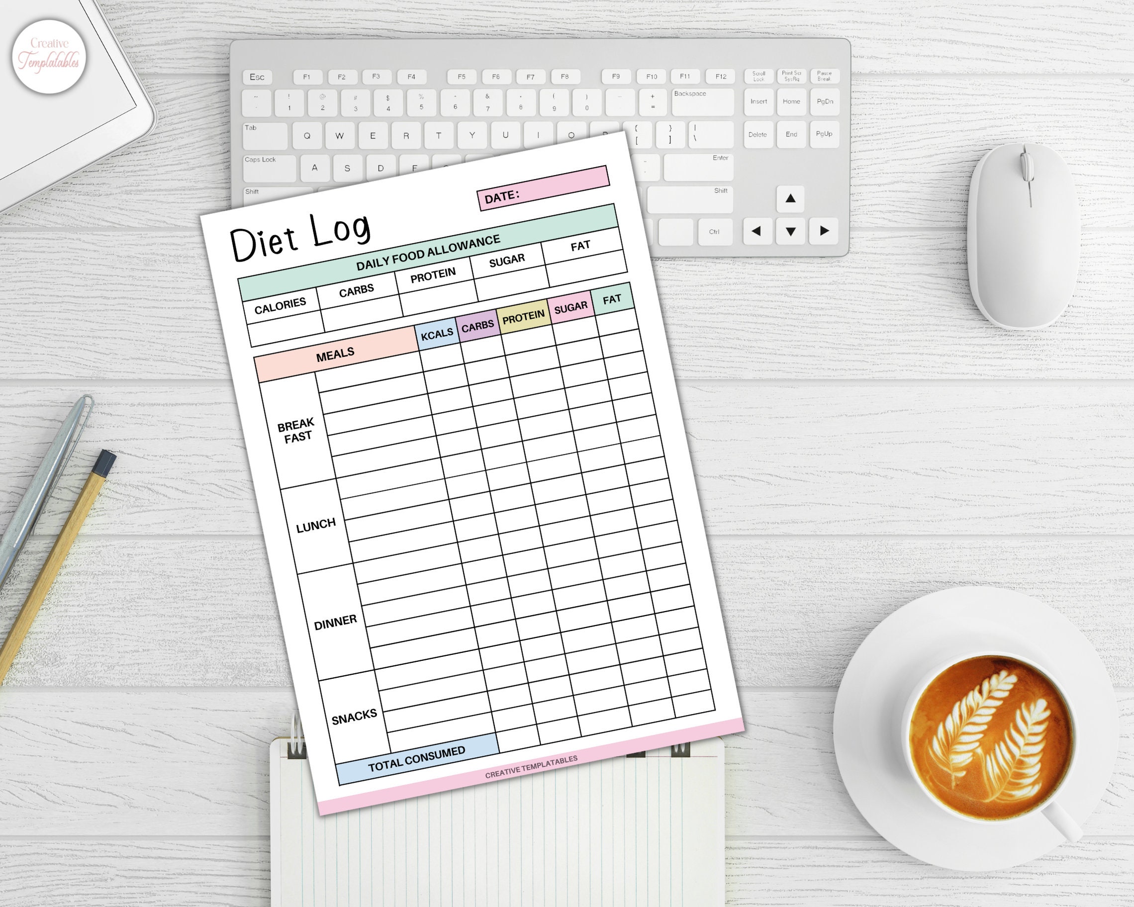 Diet Log Printable Fitness Log Fitness Tracker Diet Tracker Daily Food ...