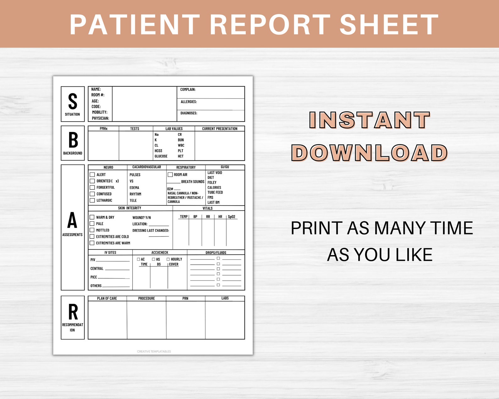 SBAR Nurse Sheet | Printable Nursing Report Sheet | Nurse Report | Med ...