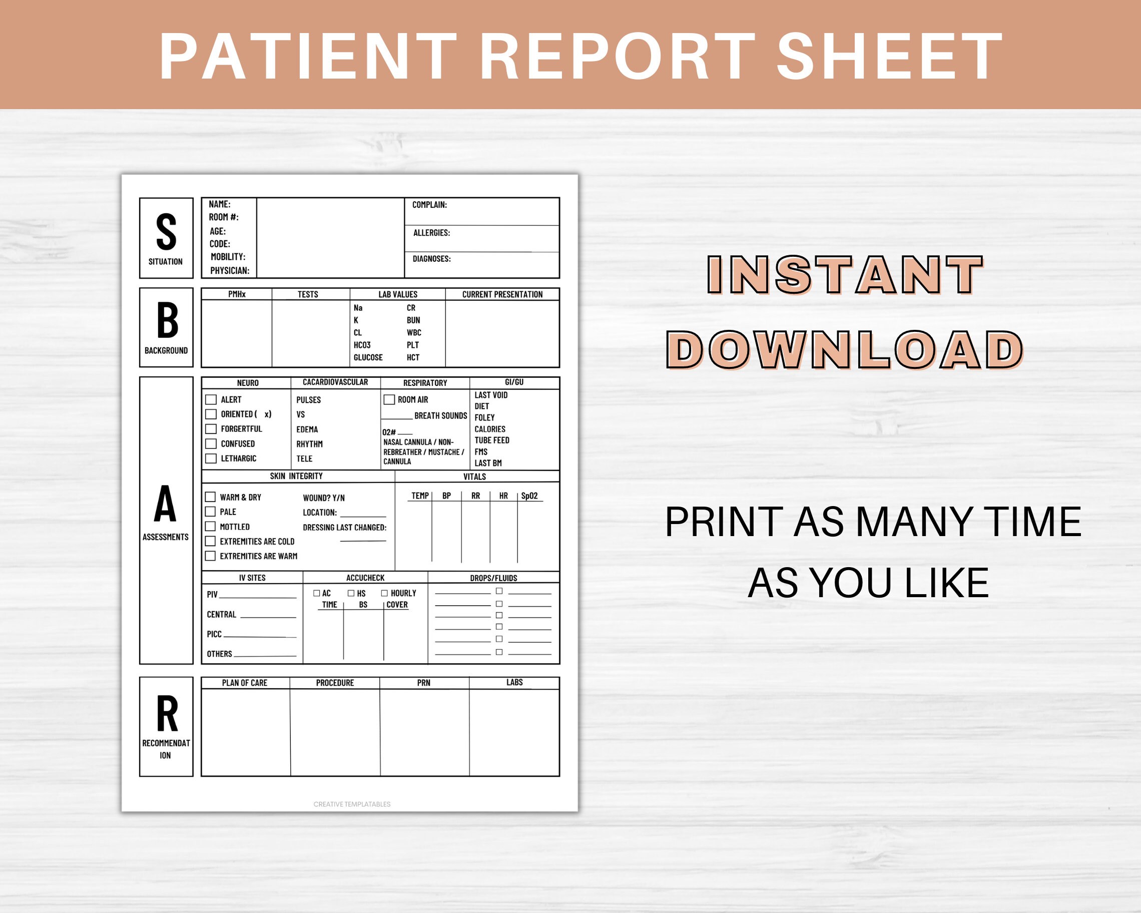 SBAR Nurse Sheet | Printable Nursing Report Sheet | Nurse Report | Med ...