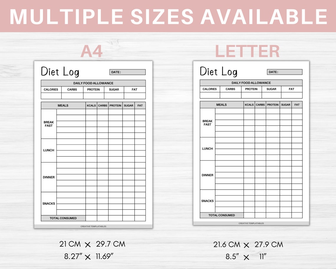 Diet Log Printable Fitness Log Fitness Tracker Diet Tracker Daily Food ...