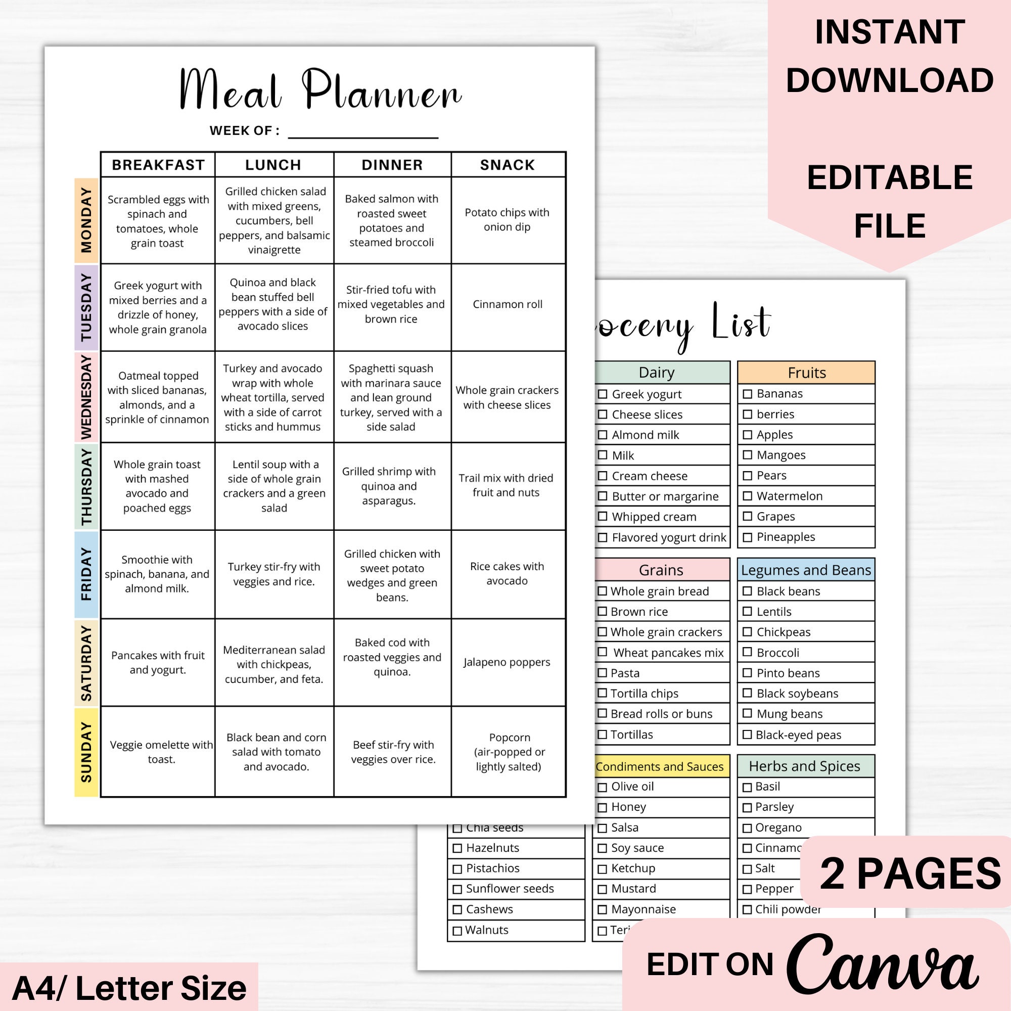 Meal Planner and Grocery List | Editable Meal Planner | 7 Days Menu ...