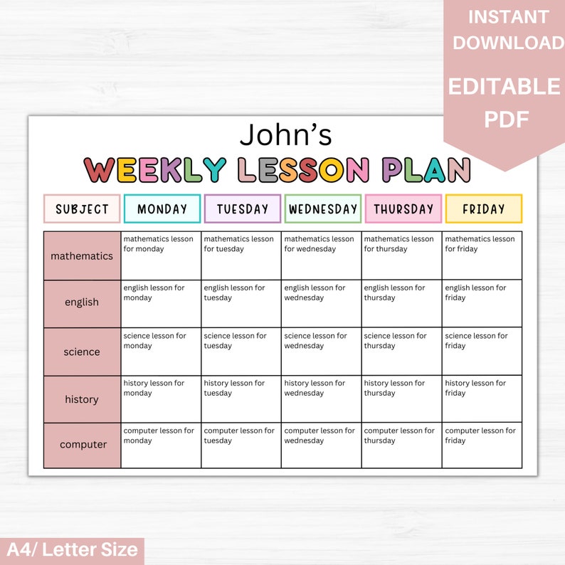 Weekly Lesson Plan Editable Lesson Planner Homeschool Teacher Planner ...
