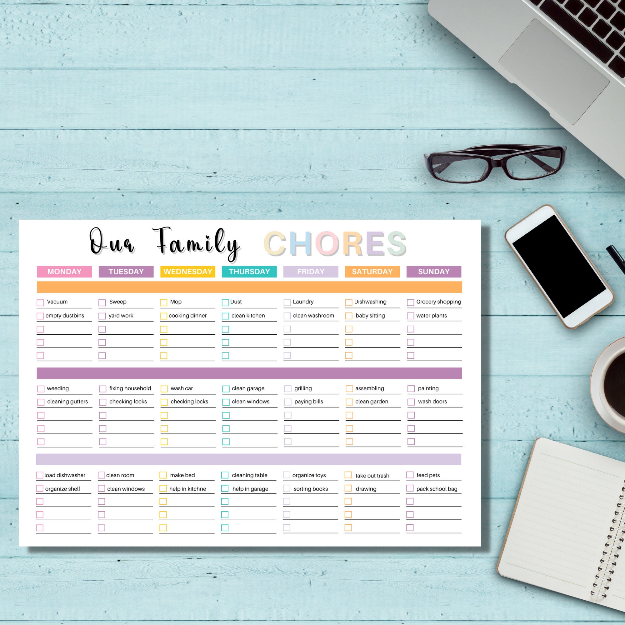 Family Chore Chart 2,3,4,5 Family Members Editable Chore Chart Family ...