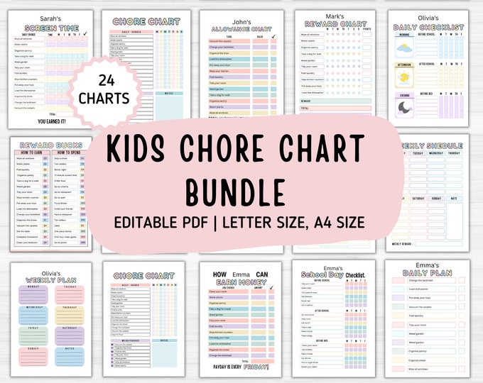 Editable Kids Chore Chart Bundle, Printable Responsibility Chart Bundle ...