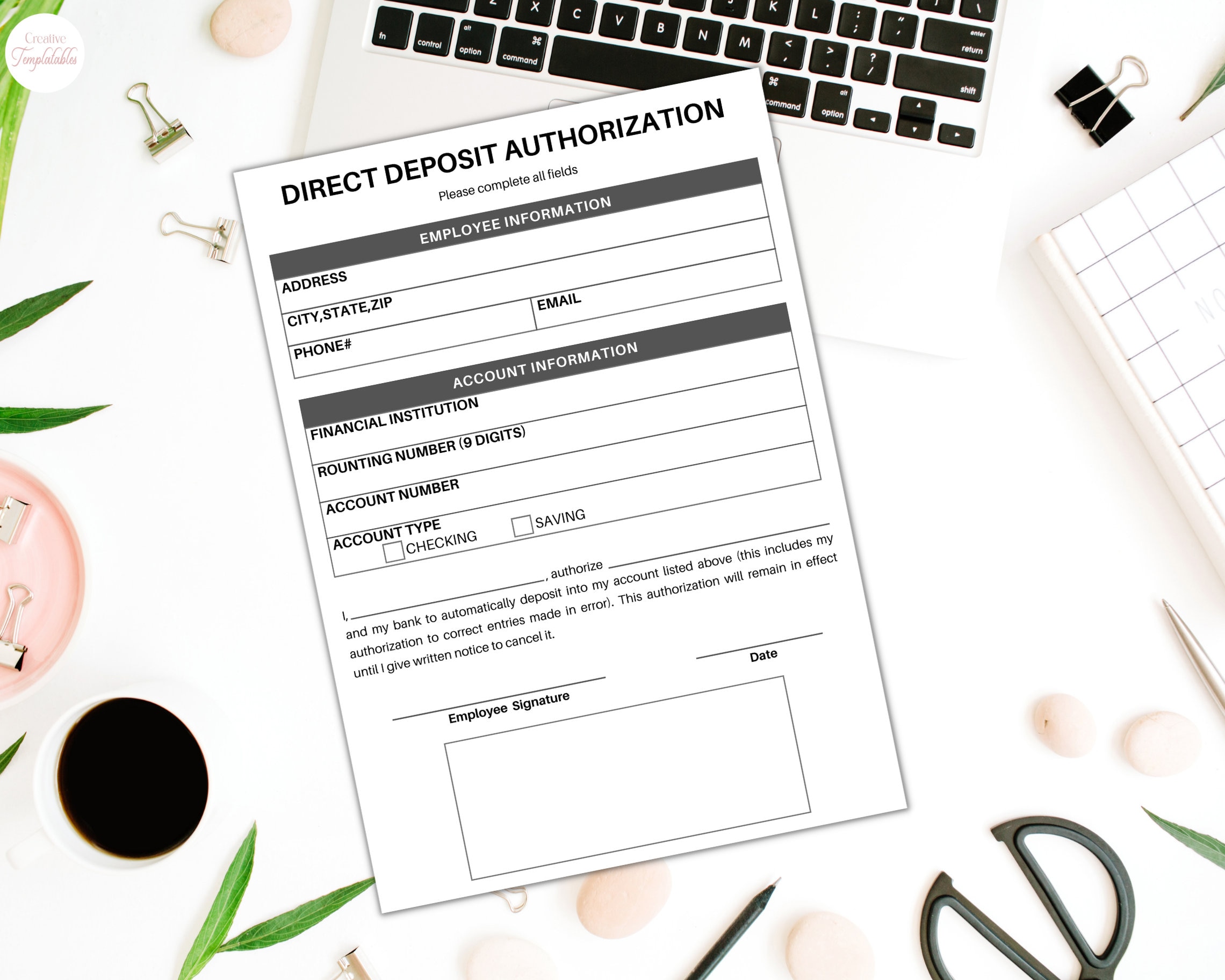 Direct Deposit Authorization Template | Editable Automatic Payment Authorization | Automatic ...