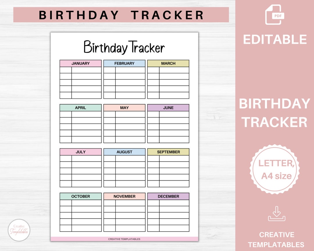 Birthday Tracker Printable Birthday Planner Birthday Organizer Birthday ...
