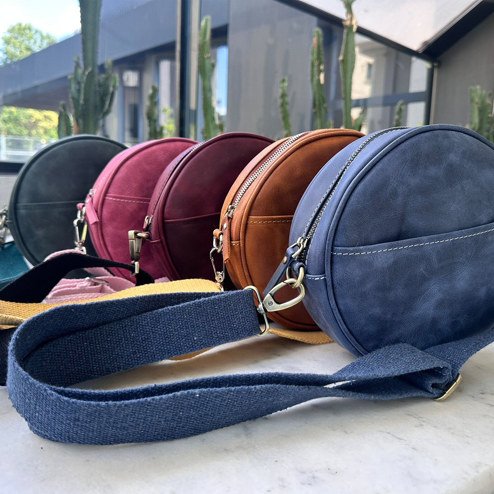 Pink Personalized Leather Round Bag, Round Leather Bag Woman,circle ...