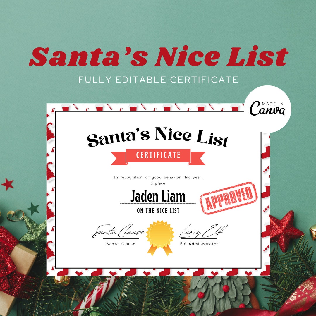 Editable in Canva Santa's Nice List Certificate. North Pole Printable ...