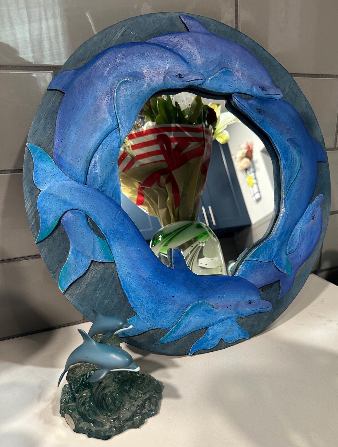 Dolphin Round Mirror & Wyland Dakin Dolphin Figurine Set - Etsy
