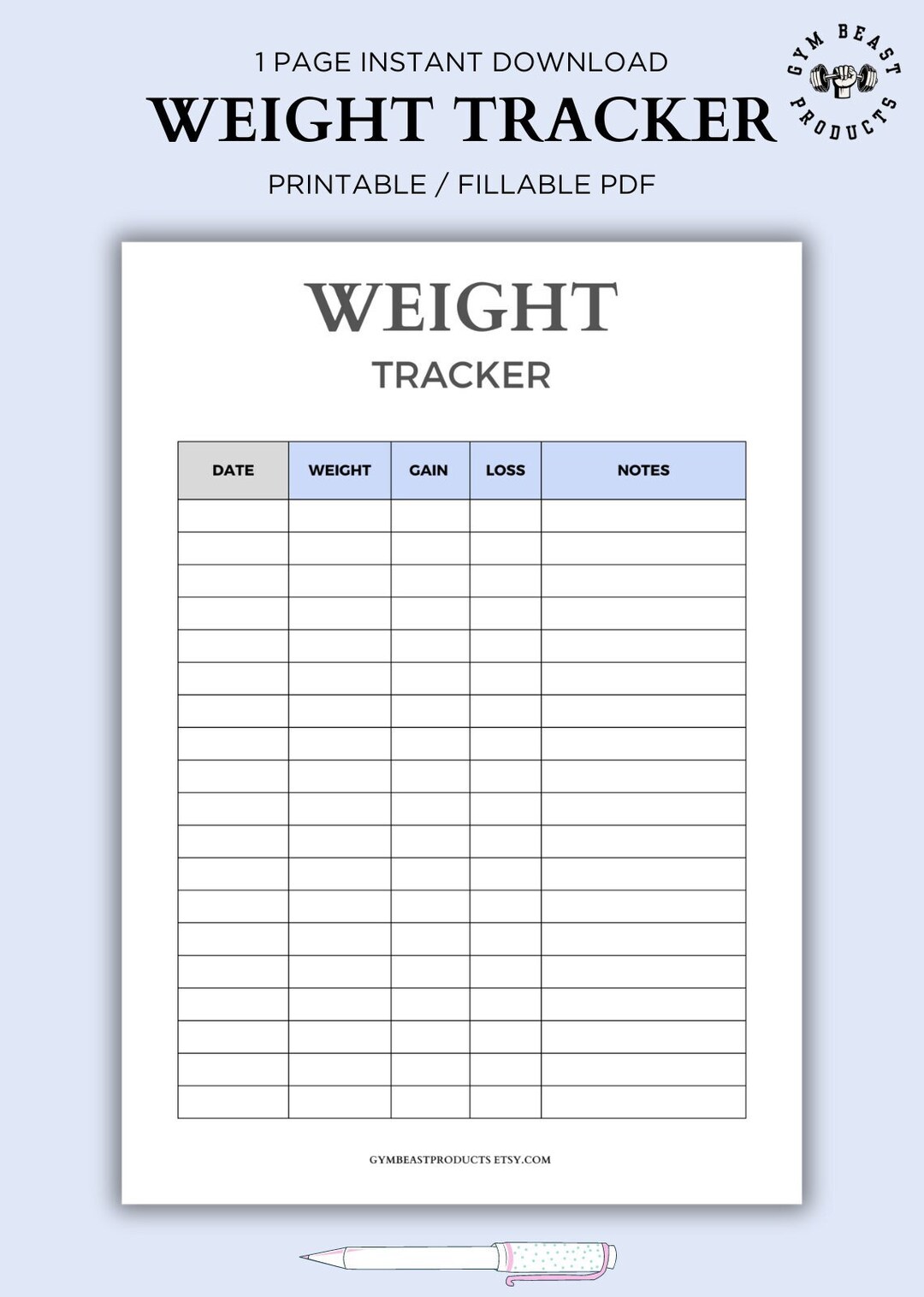 Simple Weight Tracker Printable, Weight Log, Weight Loss Planner ...