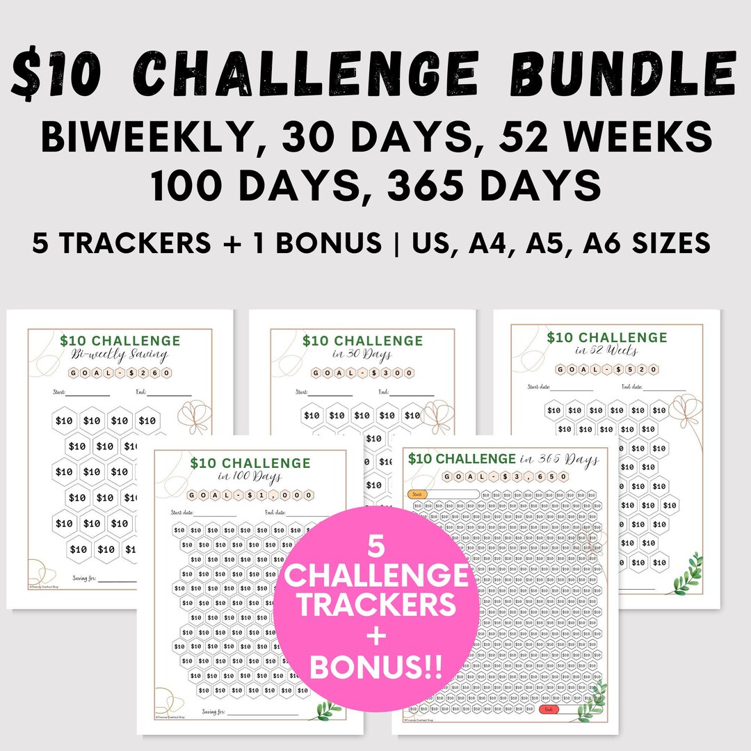 10 Dollar Challenge Bundle Printable, Savings Challenge Tracker, 10 ...