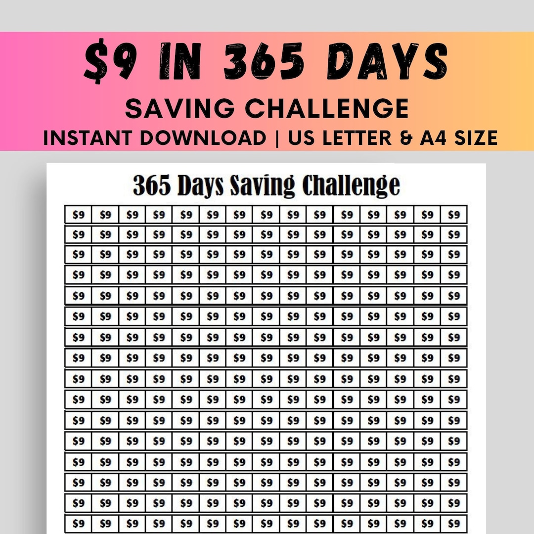 365 Days Savings Challenge, 9 Dollars Daily Saving Challenge, Printable ...