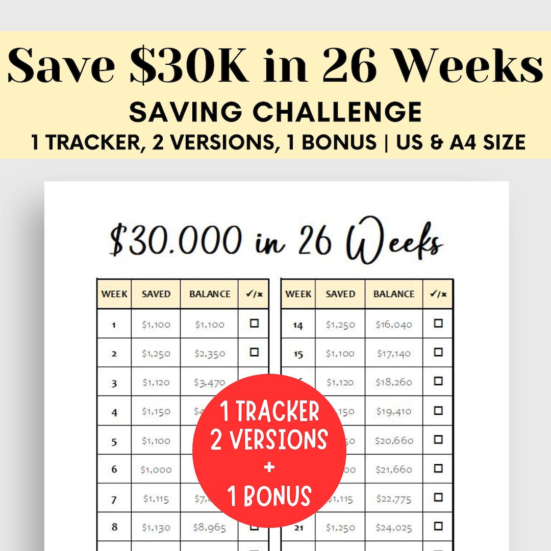 26 Week Savings Challenge, 30K Savings Challenge, 26 Weeks Tracker ...