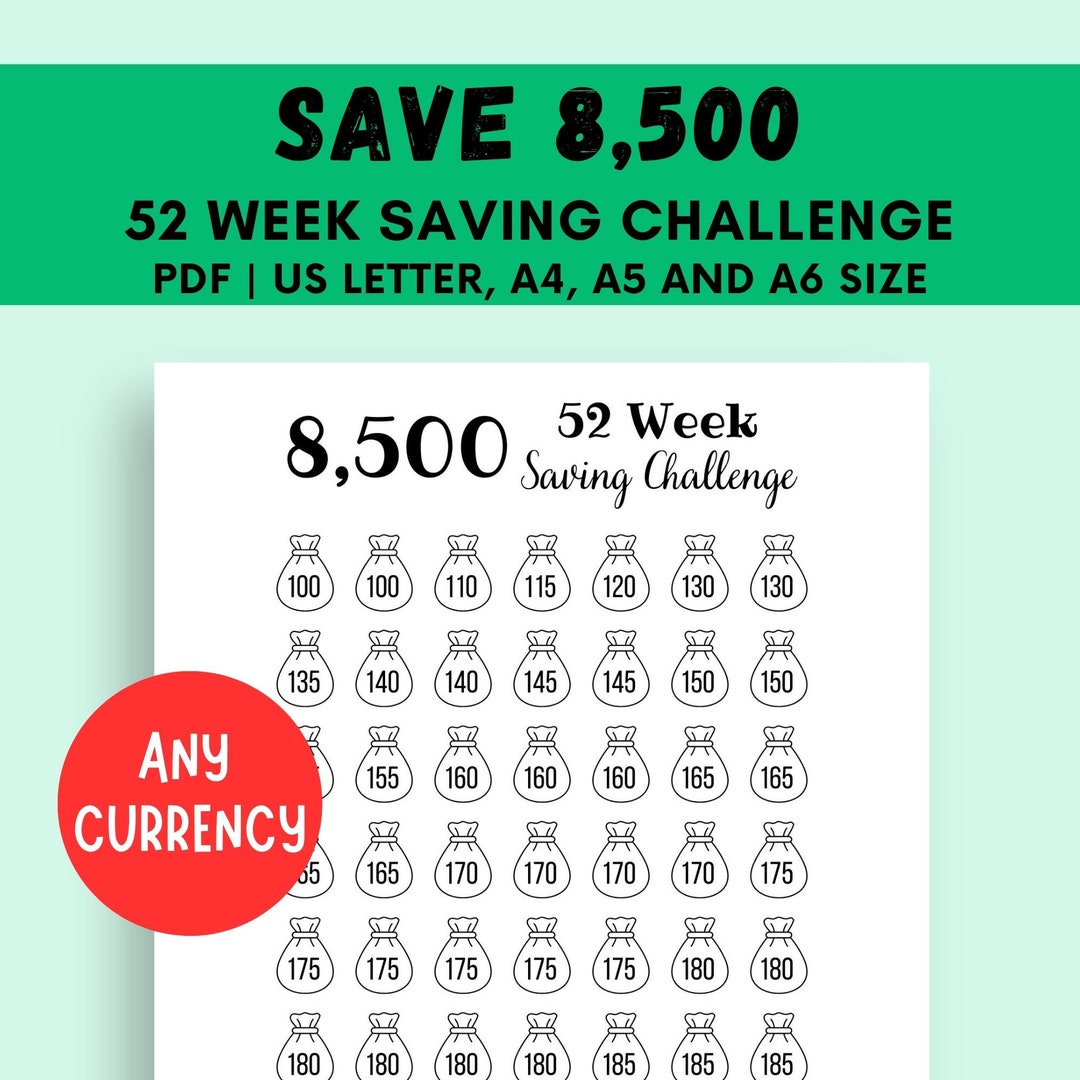 52 Week Saving Challenge Printable, 8500 Money Challenge, 1 Year ...