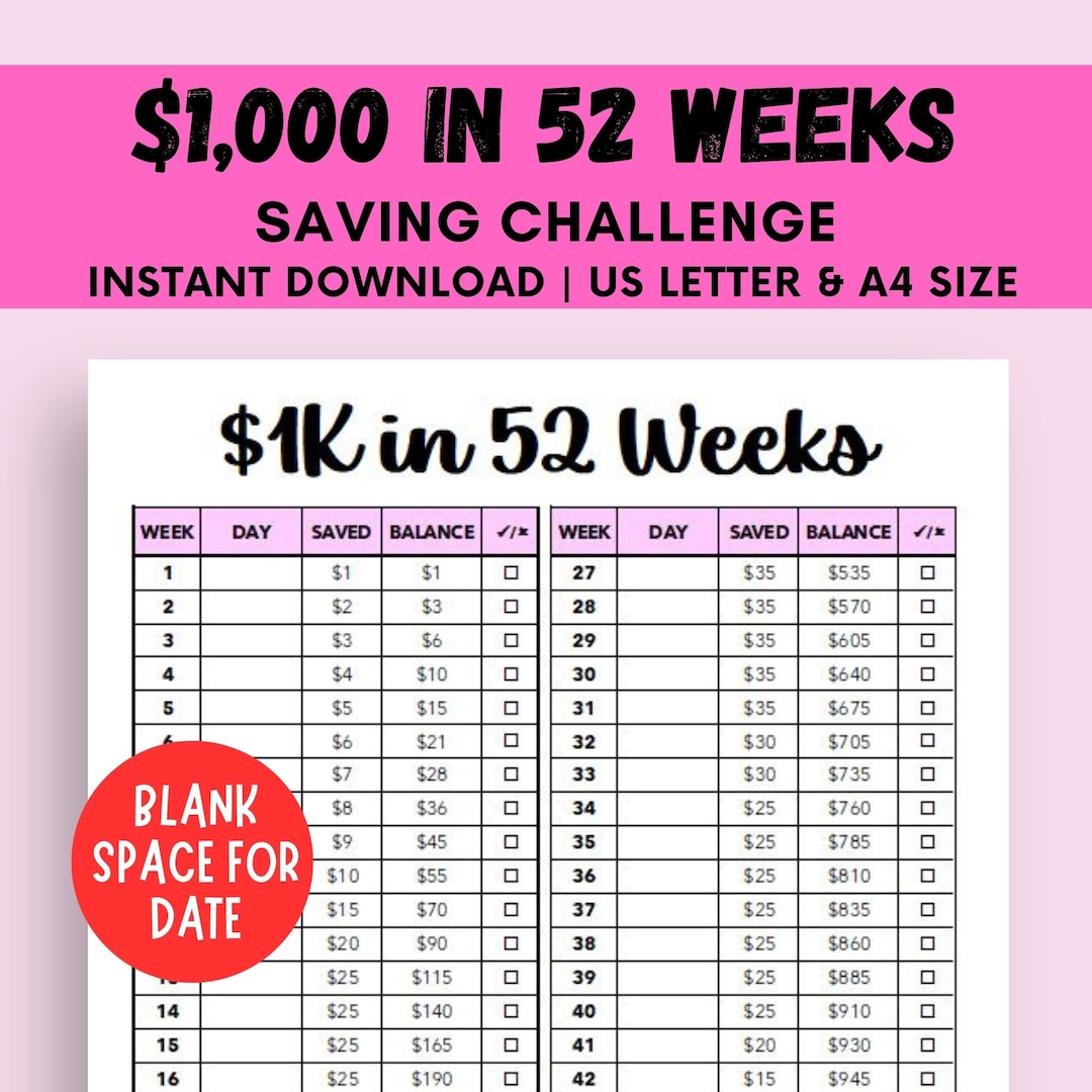 52 Weeks Saving Challenge Printable, 1K Savings Challenge, 1000 Money ...