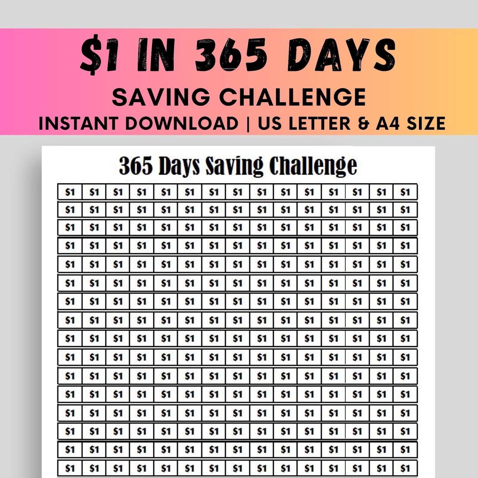 365 Day Savings Challenge Printable, 1 Dollar Daily Tracker (US Letter ...