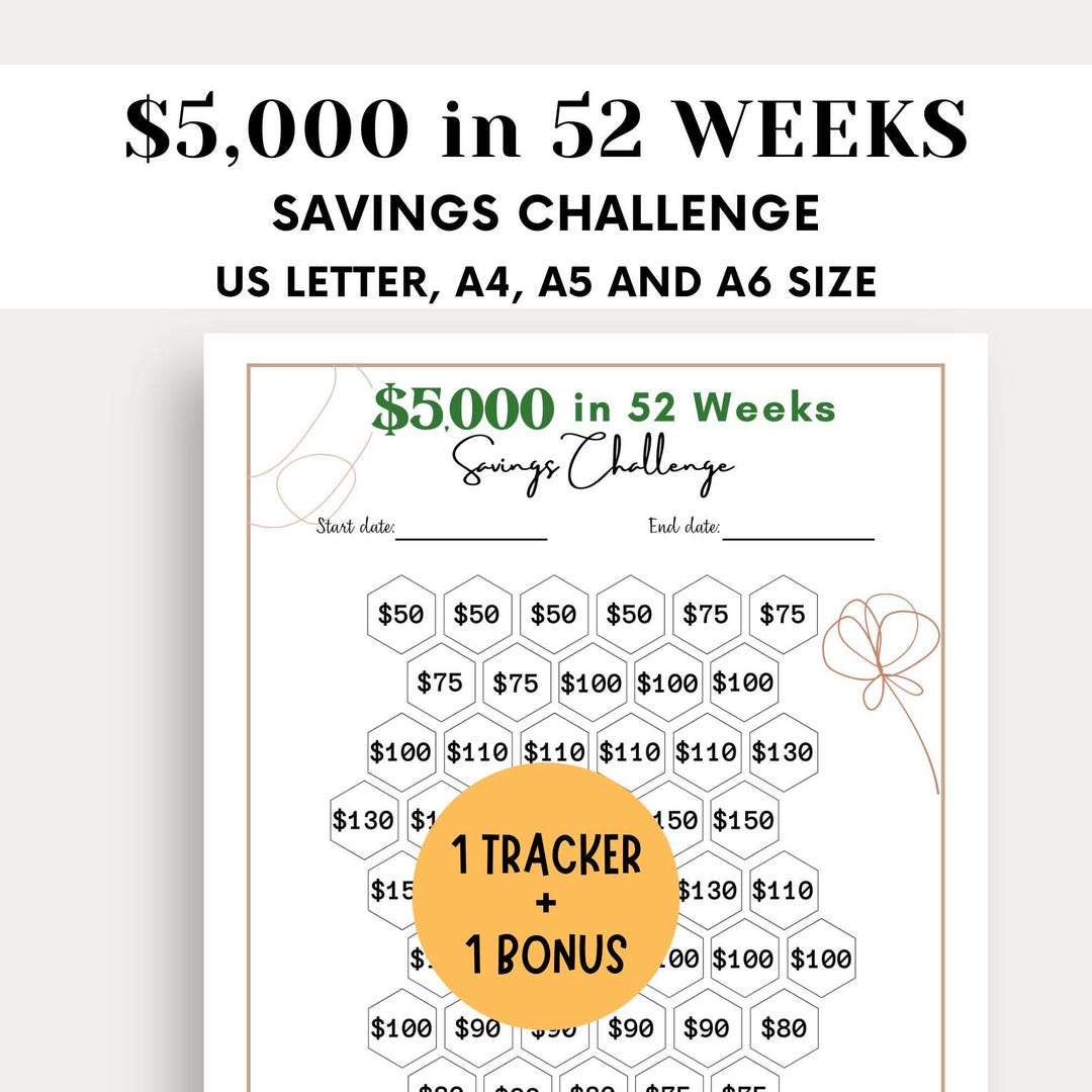 5K Money Challenge, 52 Week Saving Challenge Printable, Boho 1 Year ...