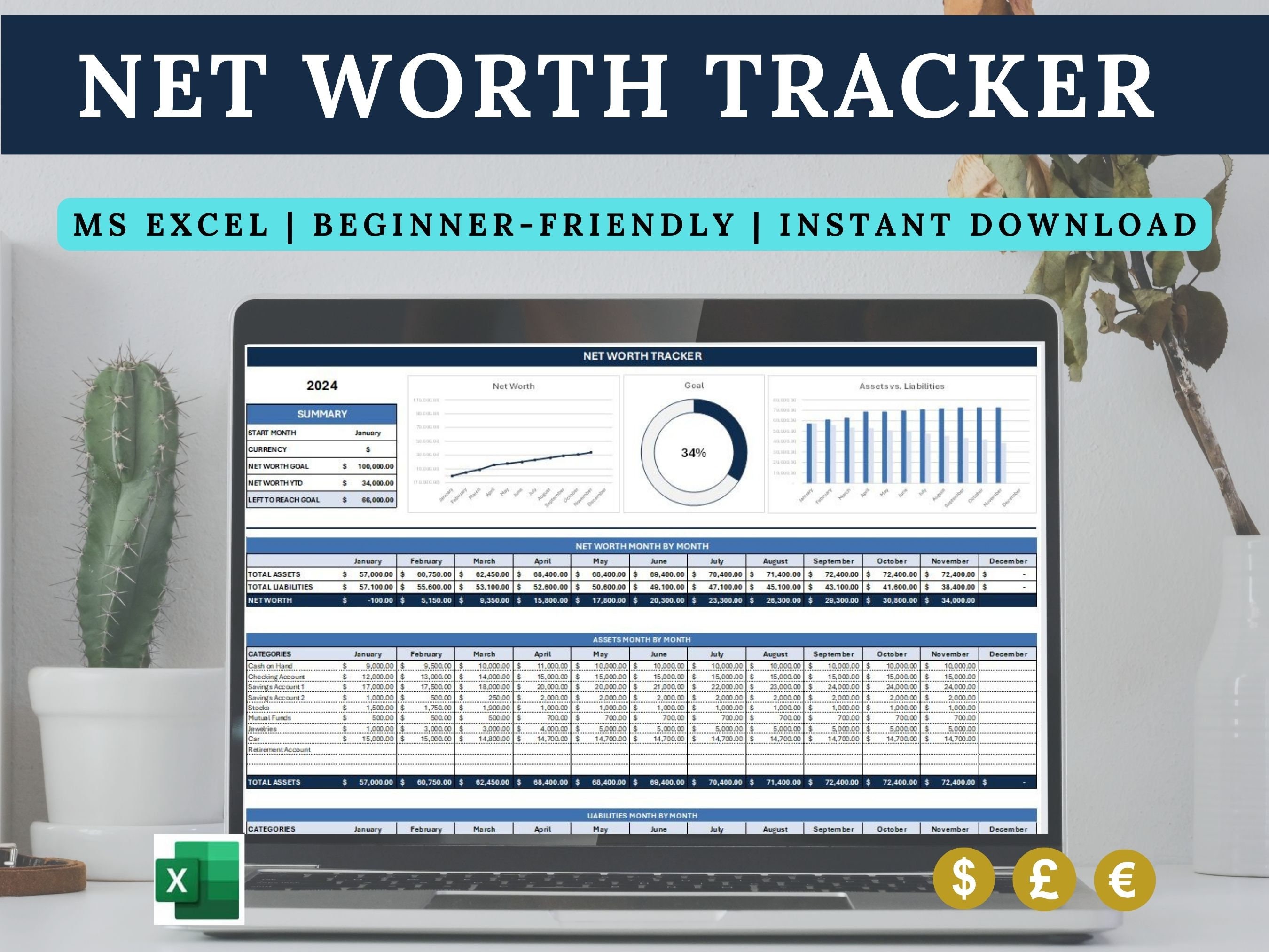 Net Worth Tracker Spreadsheet, Excel Template, Net Worth Calculator ...