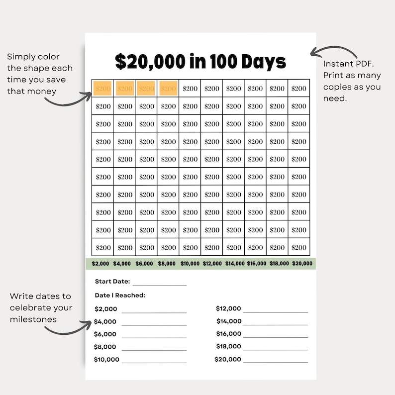 20,000 Money Saving Challenge Printable, Save 20,000 in 100 Days ...