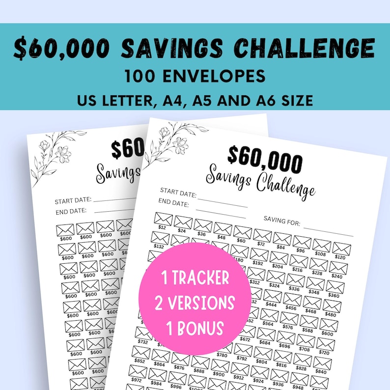 60K Savings Challenge Printable: 100 Envelopes Tracker (digital ...