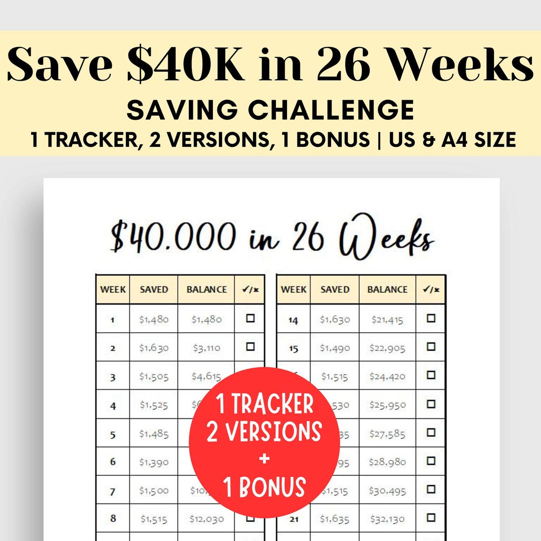 26 Week Savings Challenge, 40K Savings Challenge, 26 Weeks Tracker ...