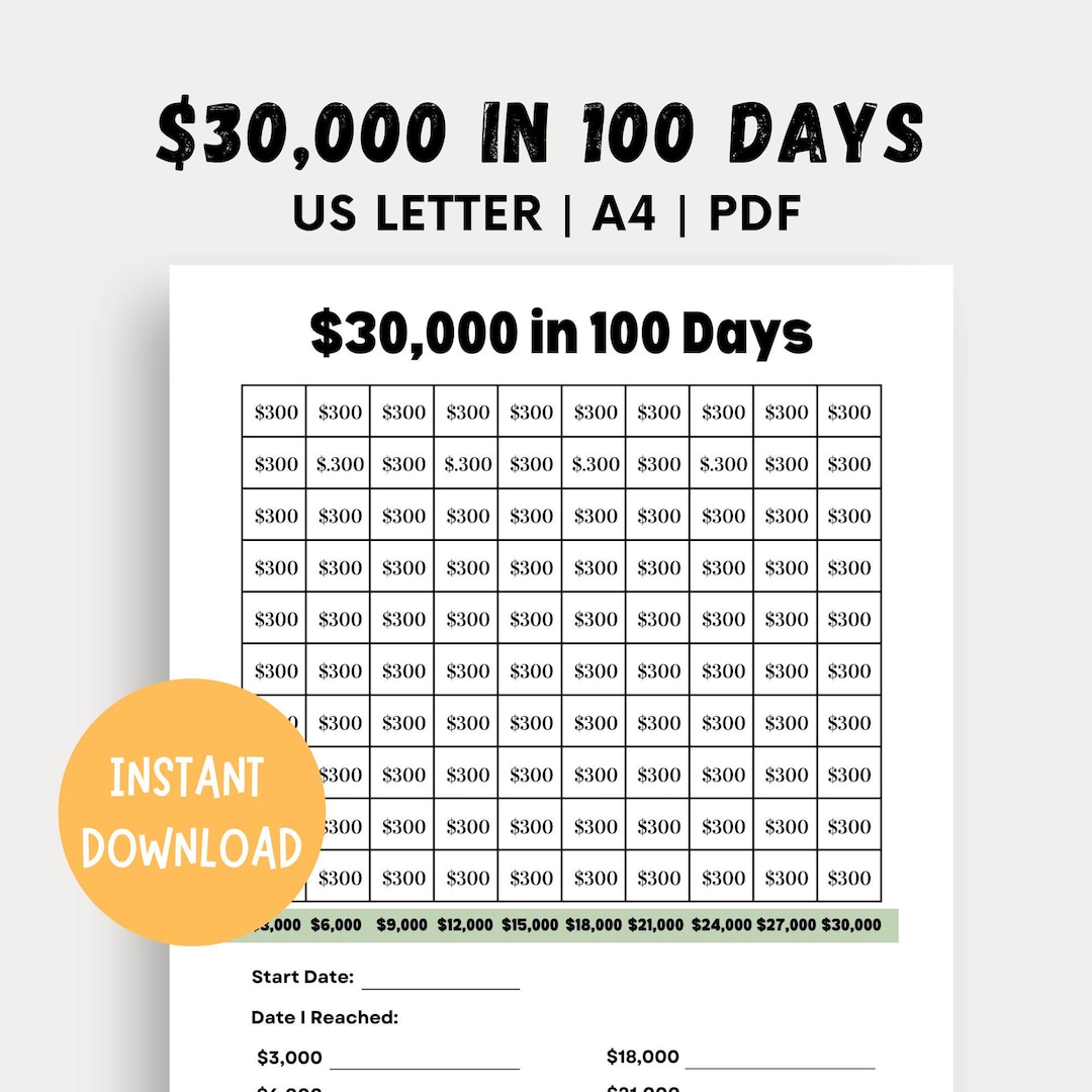30,000 Money Saving Challenge Printable, Save 30,000 in 100 Days ...