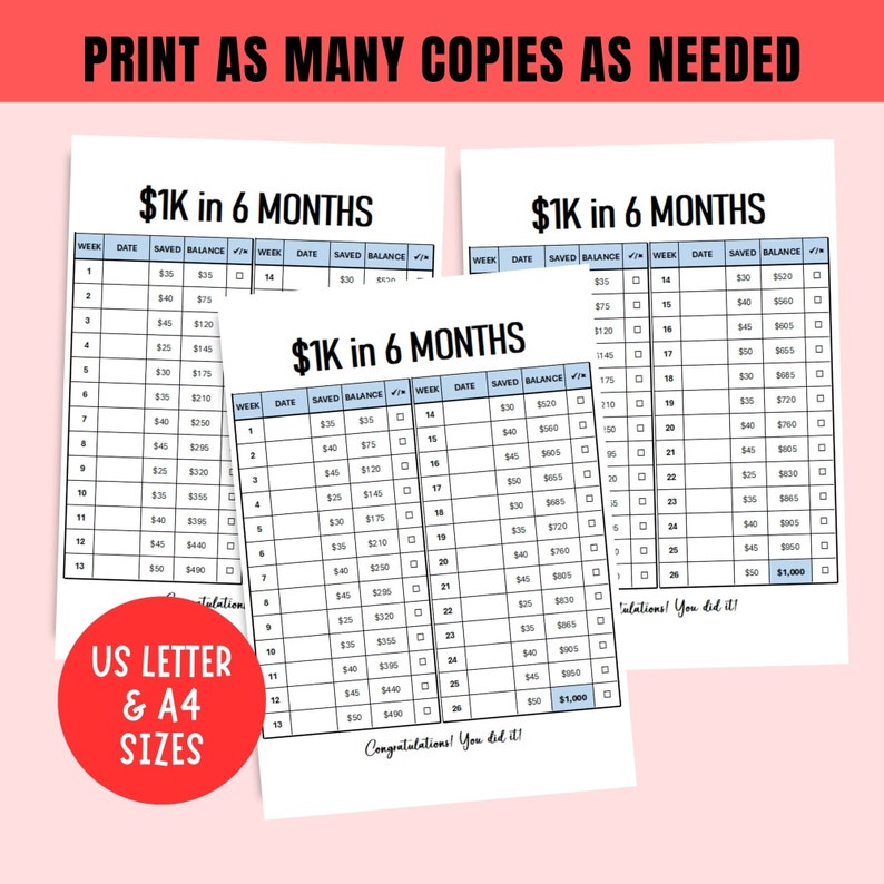 6 Months Savings Challenge Printable, 1K Savings Challenge, 26 Weeks ...