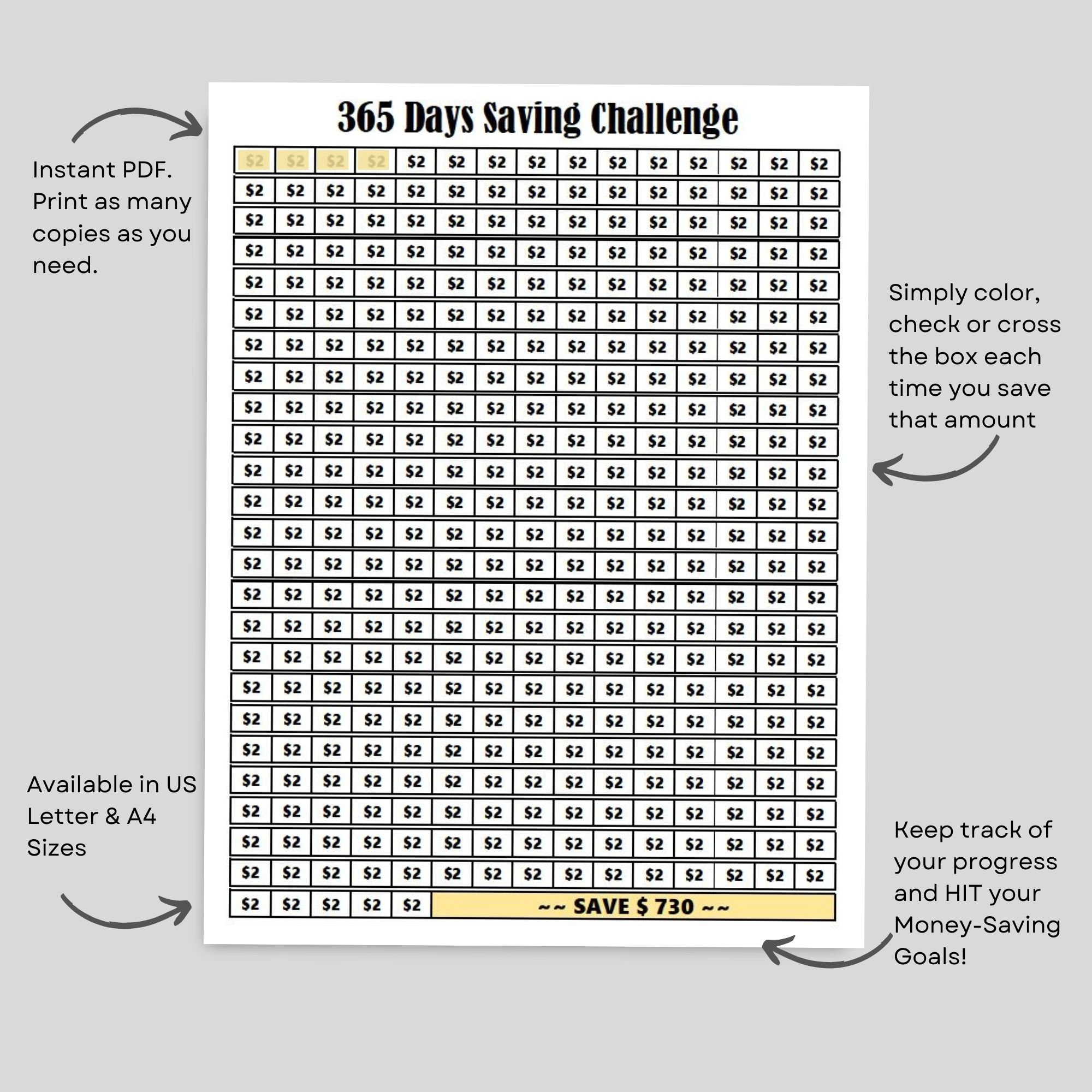 365 Days Savings Challenge, 2 Dollar Daily Saving Challenge, Printable ...