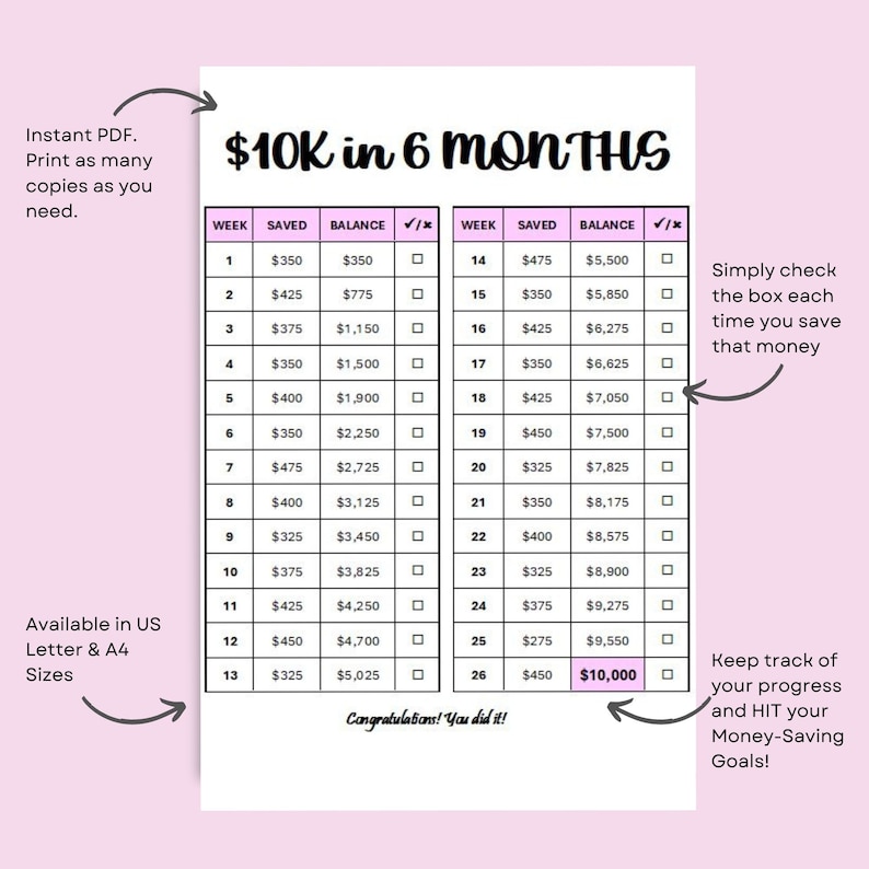 10K Savings Challenge, 26 Weeks Saving Tracker Printable, 6 Months ...